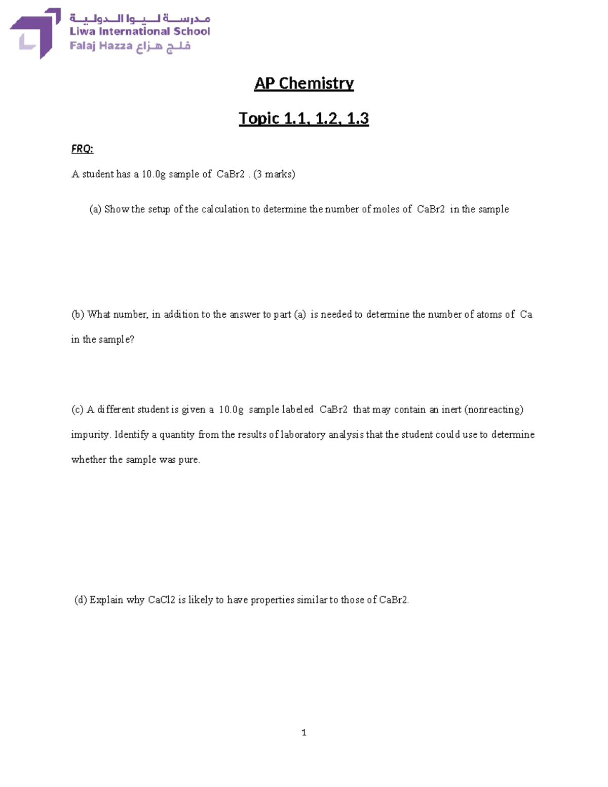 AP Chemistry Topic 1.1 & 1.2: Moles, Empirical Formulas & Calculations ...