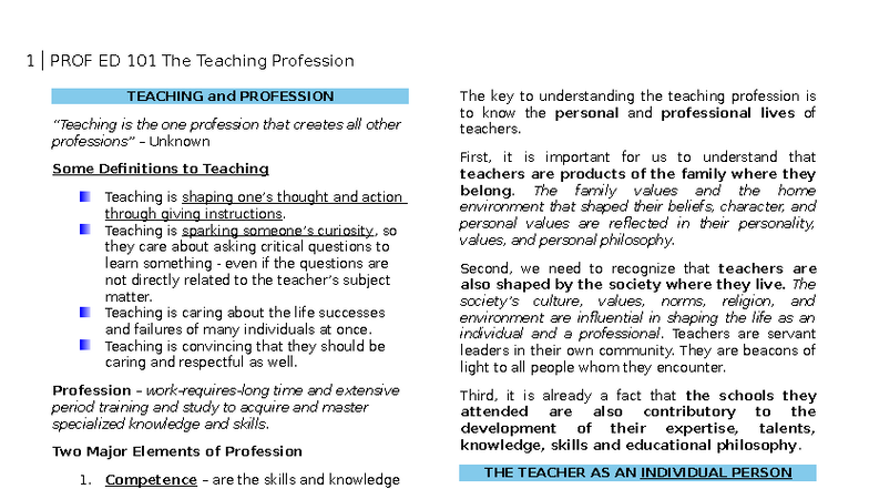 PROF ED 101 Teaching Profession: Understanding Roles and Ethics - Studocu