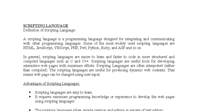 WE U2 - Scripting Languages: Definition, Types, and Advantages - Studocu