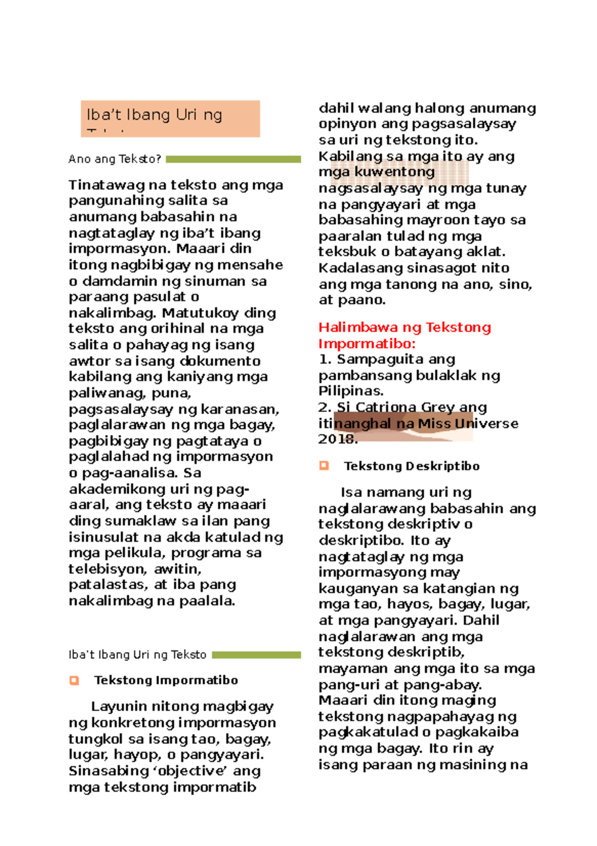Iba't Ibang Uri ng Teksto: Isang Komprehensibong Pag-aaral - Studocu