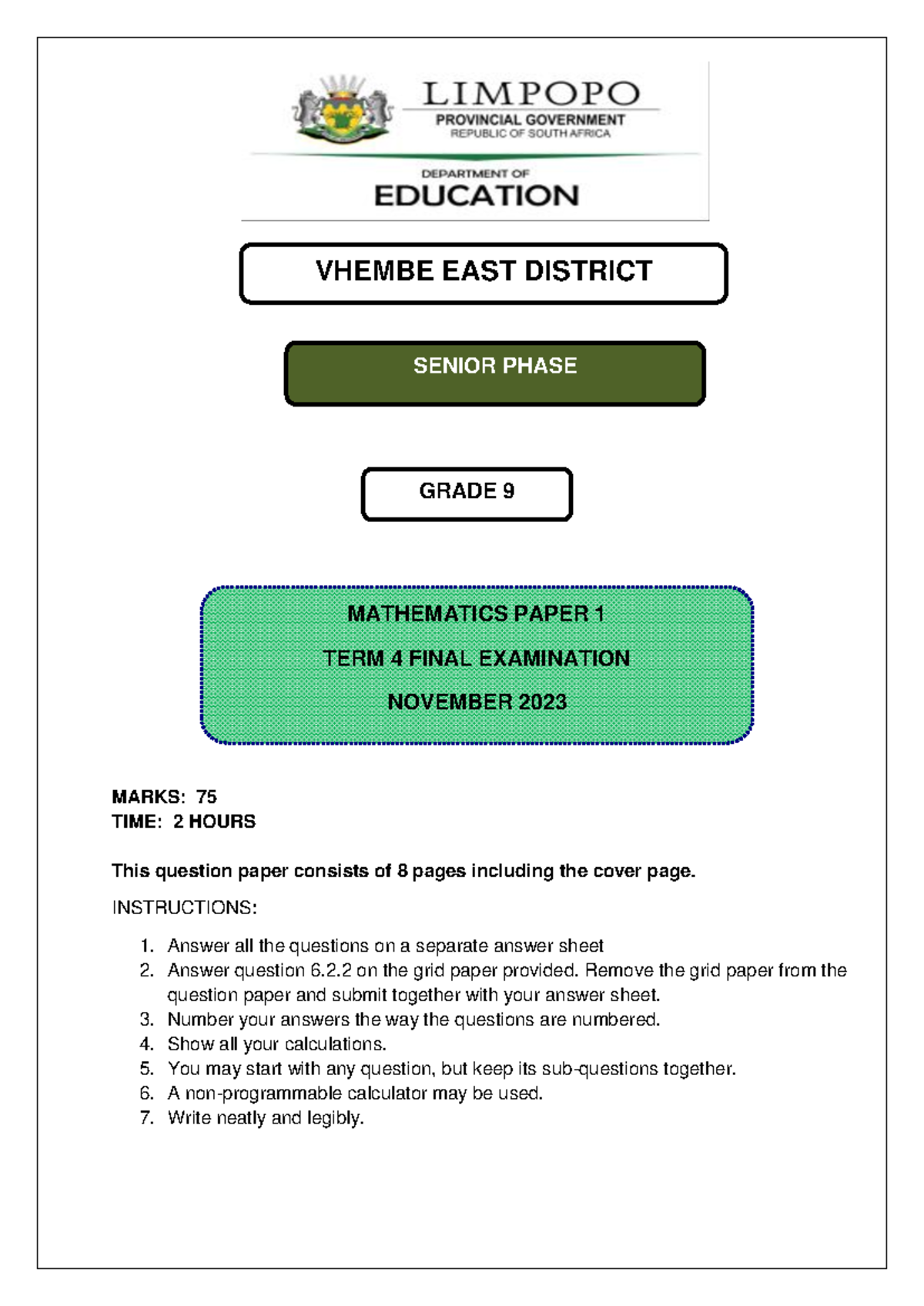 Grade 9 Maths Term 4 Final Exam Paper 1 [12548] - November 2023 - Studocu