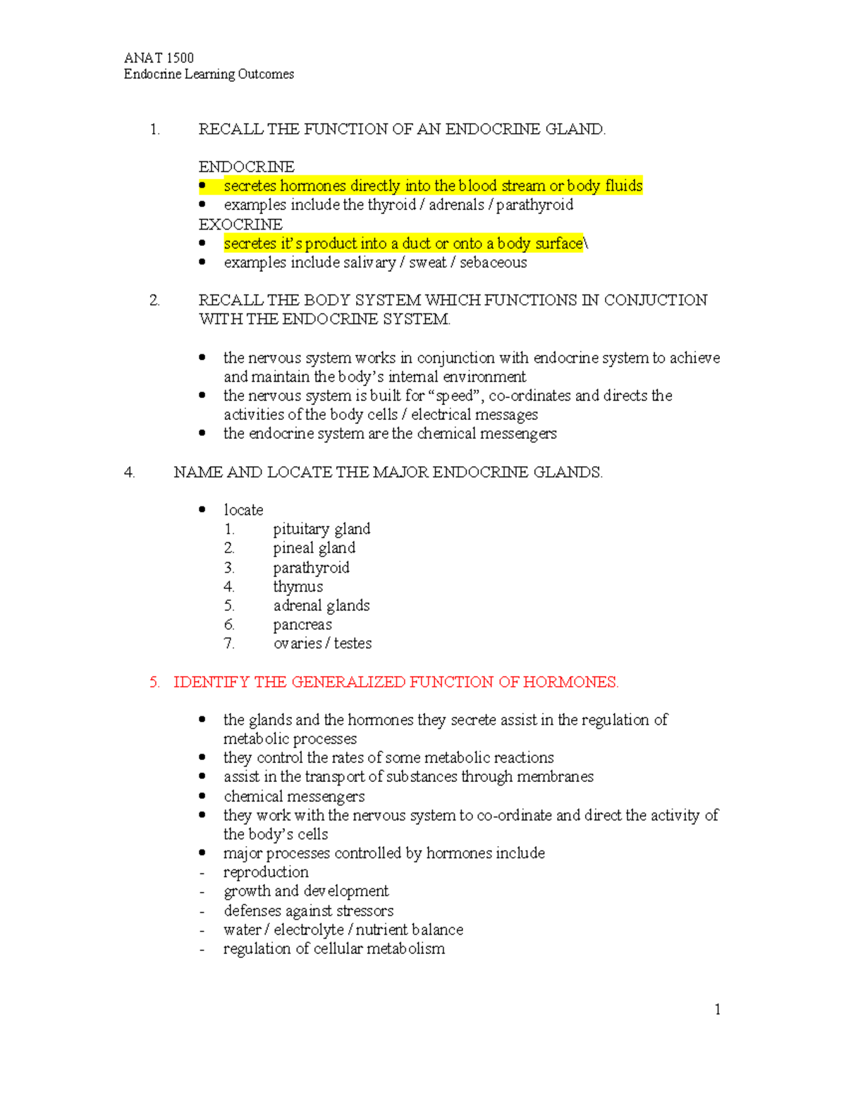ANAT 1500 Endocrine System Learning Outcomes and Key Concepts - Studocu
