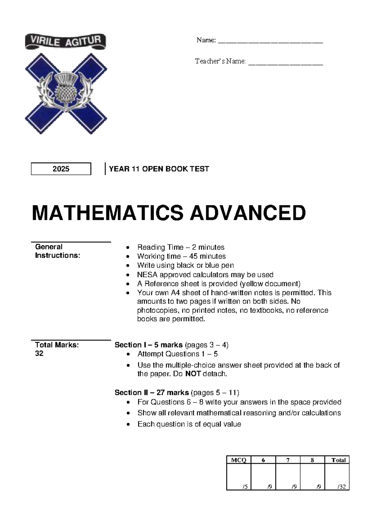 2025 Y11 MA AT1 - Open Book Mathematics Test Guide - Studocu