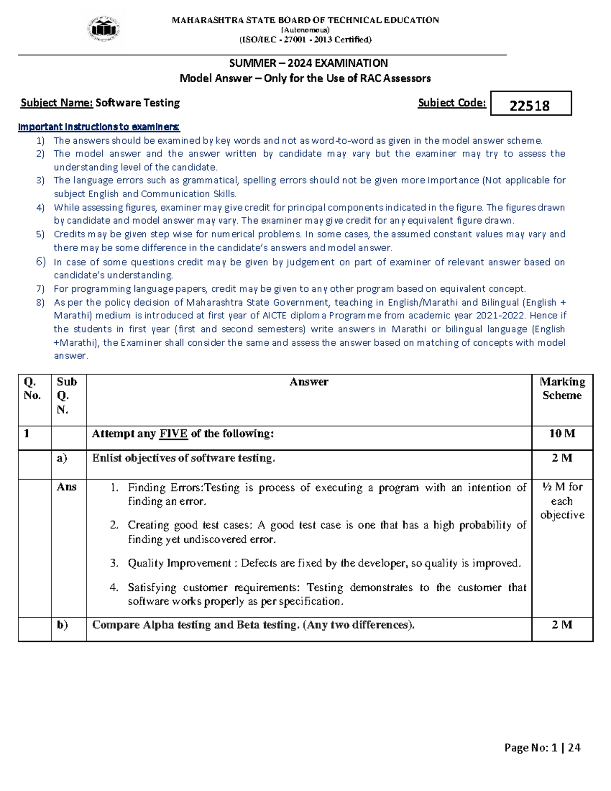 Model Answer for Software Testing (22518) - Summer 2024 Exam - Studocu