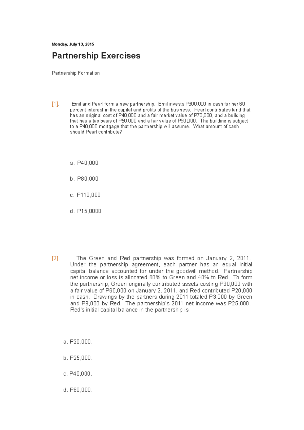 Partnership Exercises - Monday, July 13, 2015 Partnership Exercises ...