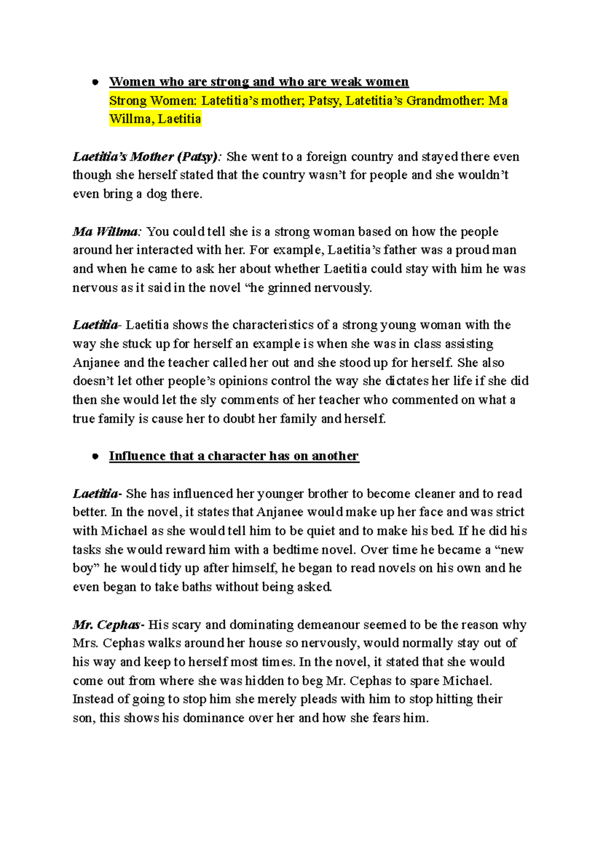 English Literature - Notes on Strong Women in Laetitia's Life - Studocu