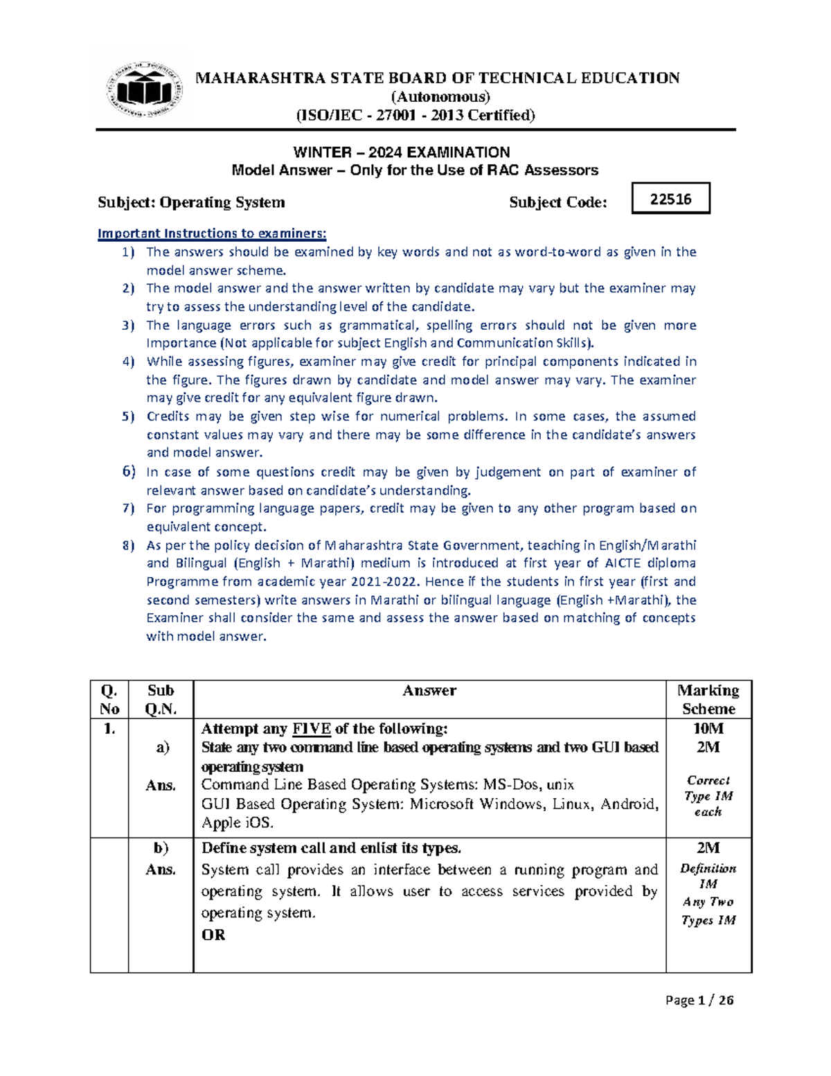 Model Answer for Operating System (Subject Code: 22516) - Winter 2024 ...