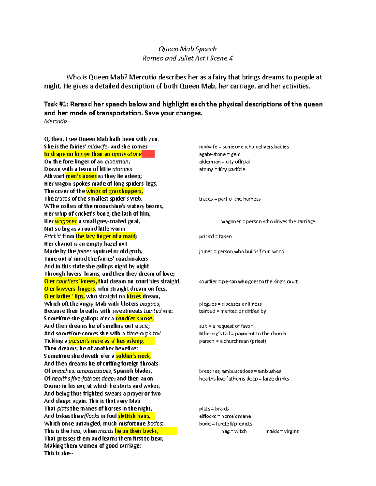 Grade 9 English Queen Mab Speech Worksheet - Queen Mab Speech Romeo and ...