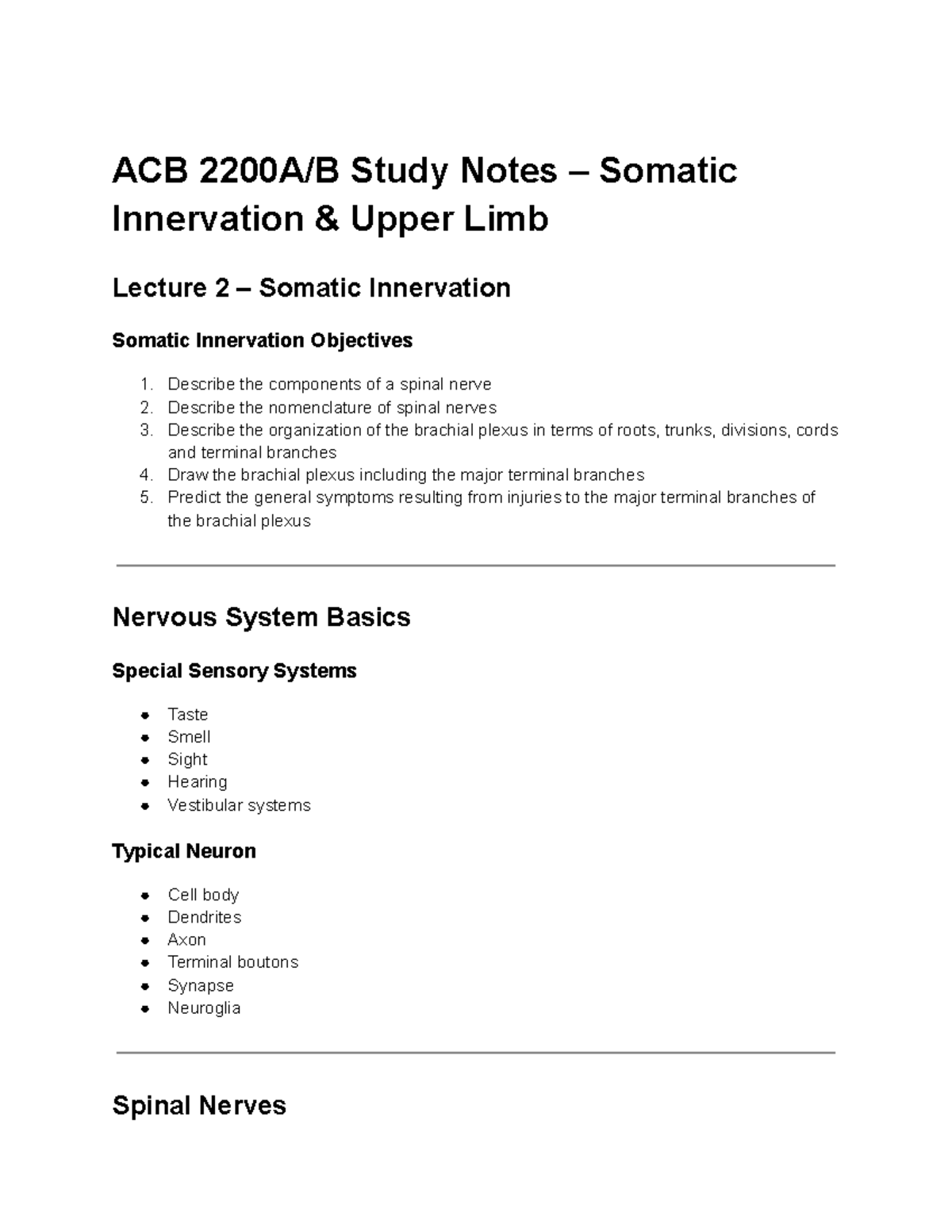 Anatcell 2200 Lecture Notes: Somatic Innervation & Upper Limb Overview ...