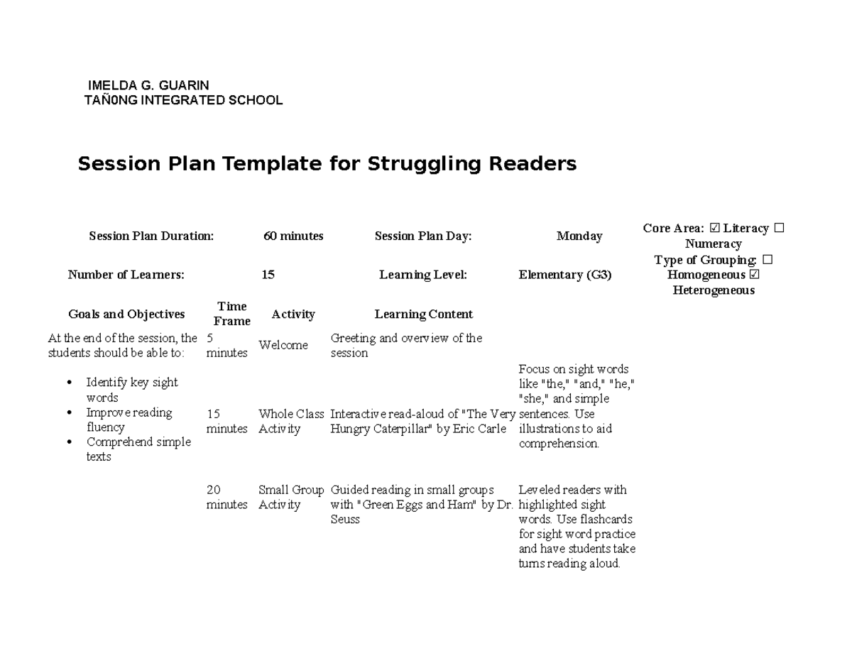 Session Plan for Literacy Development - Elementary G3 Struggling ...