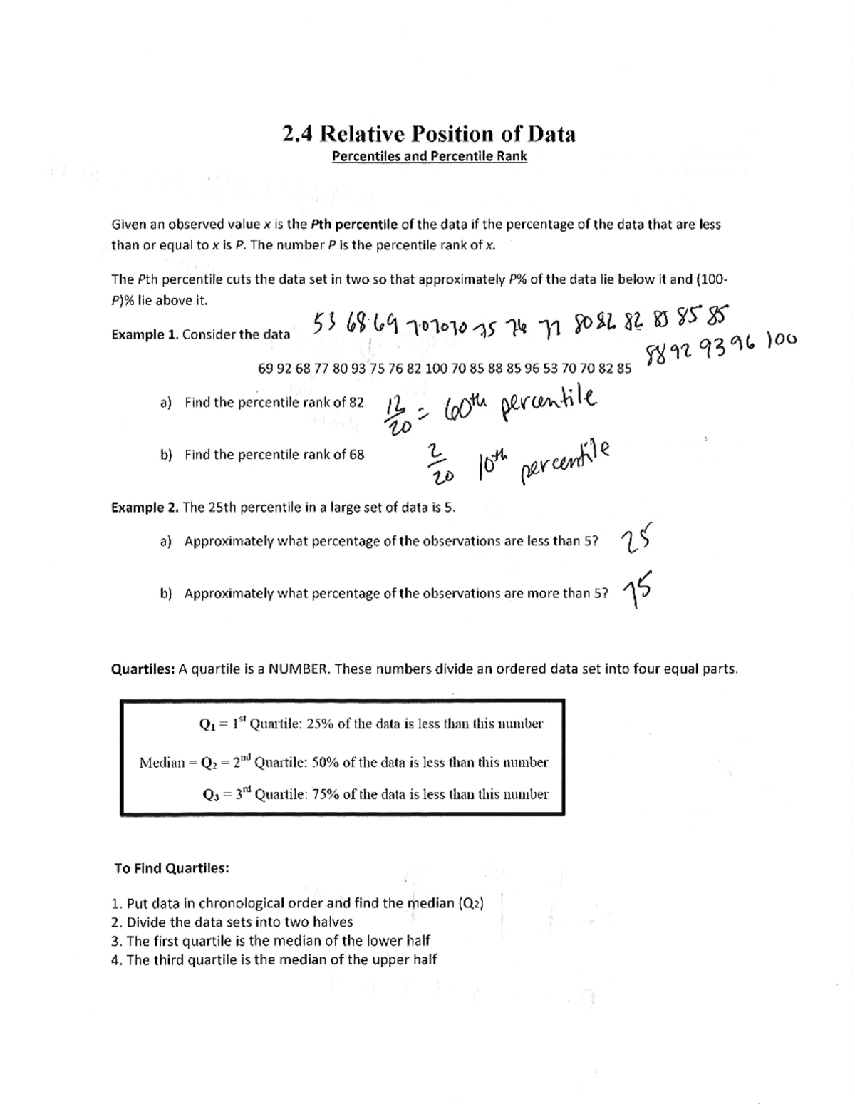 2.4 and 2.5 NEW Completed - 2 Relative Position of Data Percentiles and ...