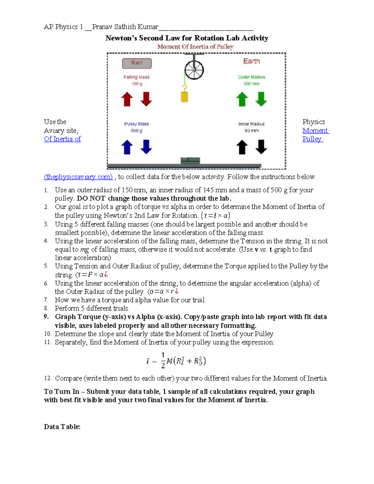 AP Physics 1 - Newton's 2nd Law for Rotation Lab Activity - Studocu