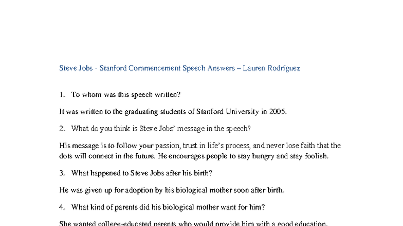 Stanford Commencement Speech Analysis: Steve Jobs' Key Messages - Studocu