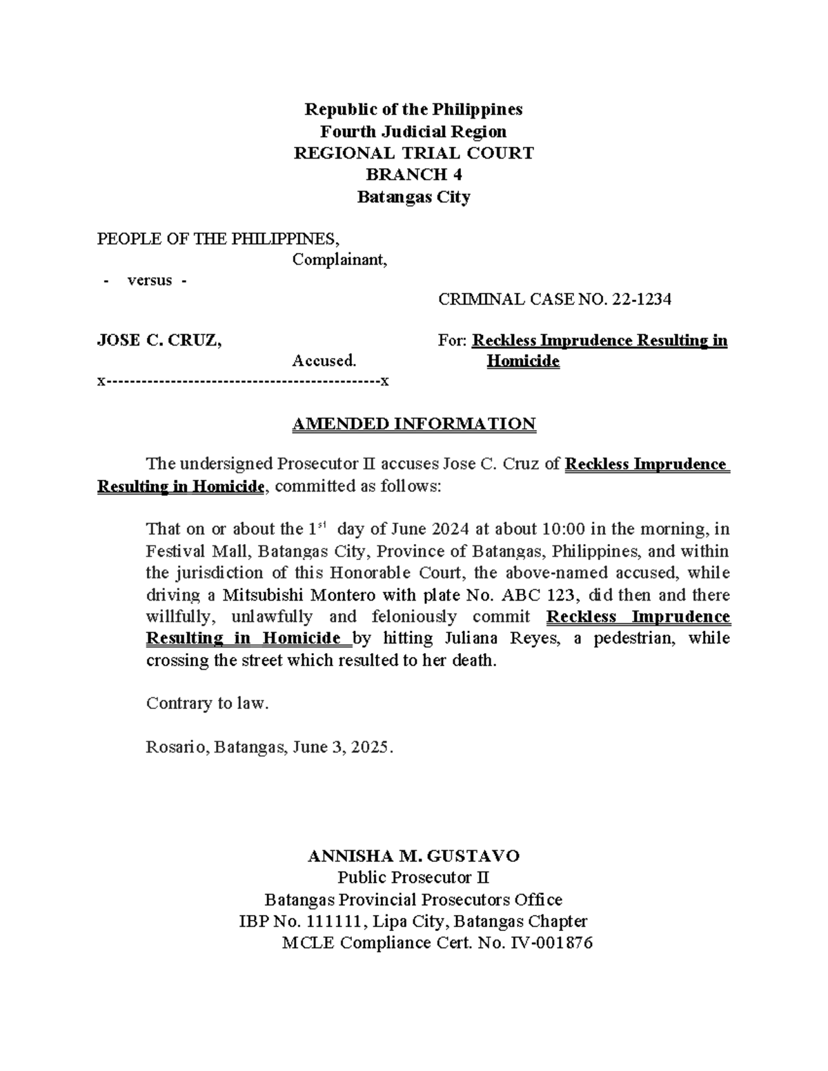 Amended Information: Criminal Case No. for Reckless Imprudence Homicide ...