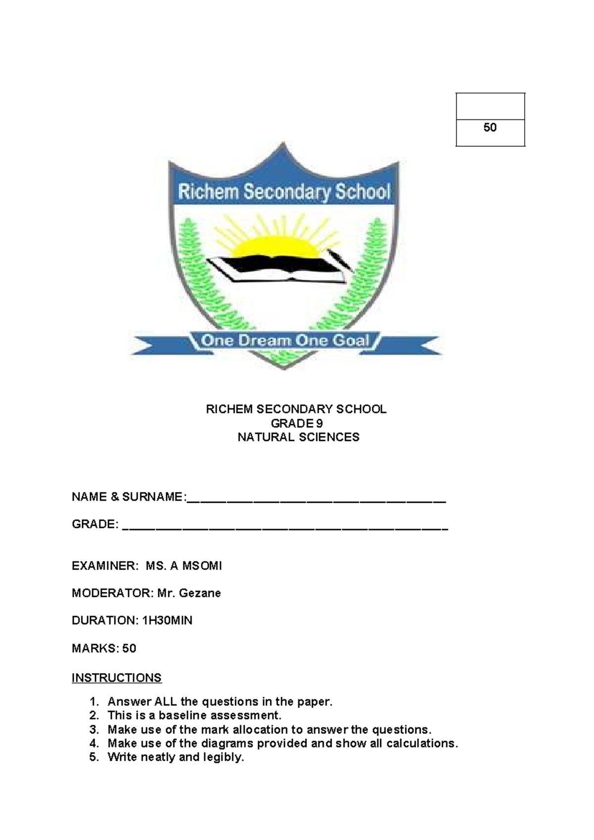 Grade 9 Natural Sciences March Test 2025 - Baseline Assessment - Studocu