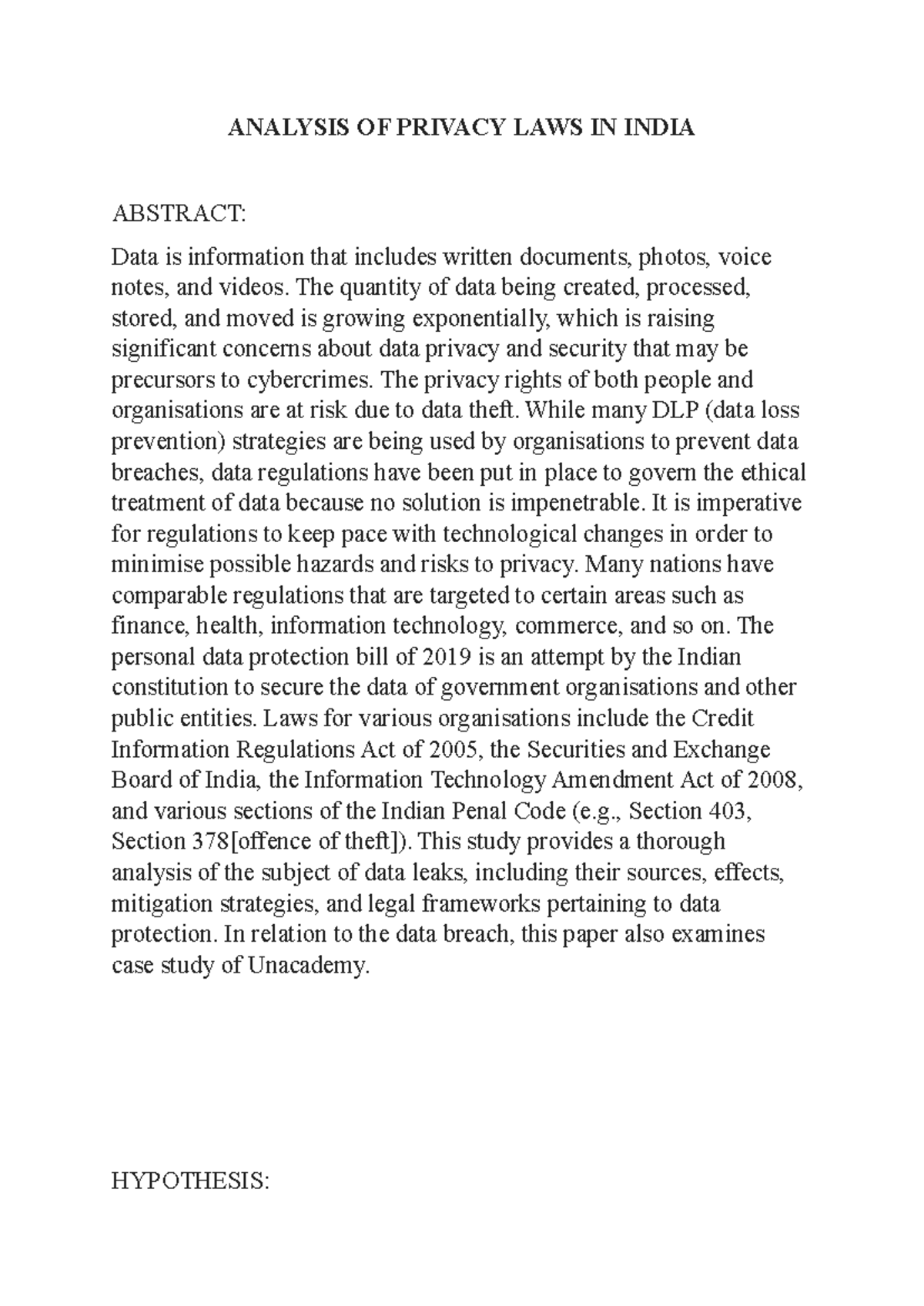 Analysis of Privacy Laws in India: A Study on Data Protection (Course ...