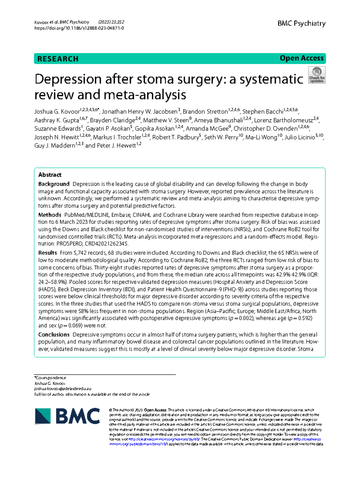 Systematic Review of Depression Post-Stoma Surgery (2023) 23:352 - Studocu