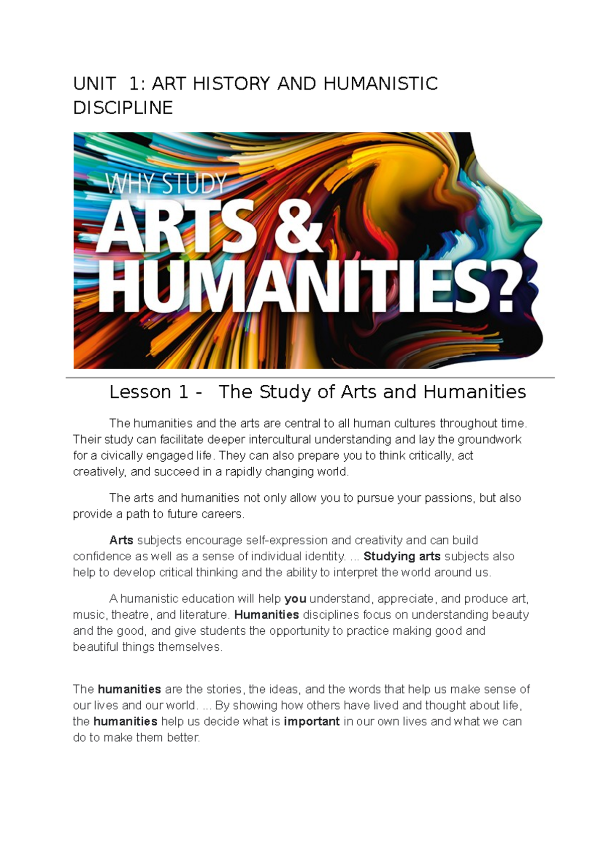 UNIT 1 ART & Humanities - Lecture notes 1-6 - UNIT 1: ART HISTORY AND ...