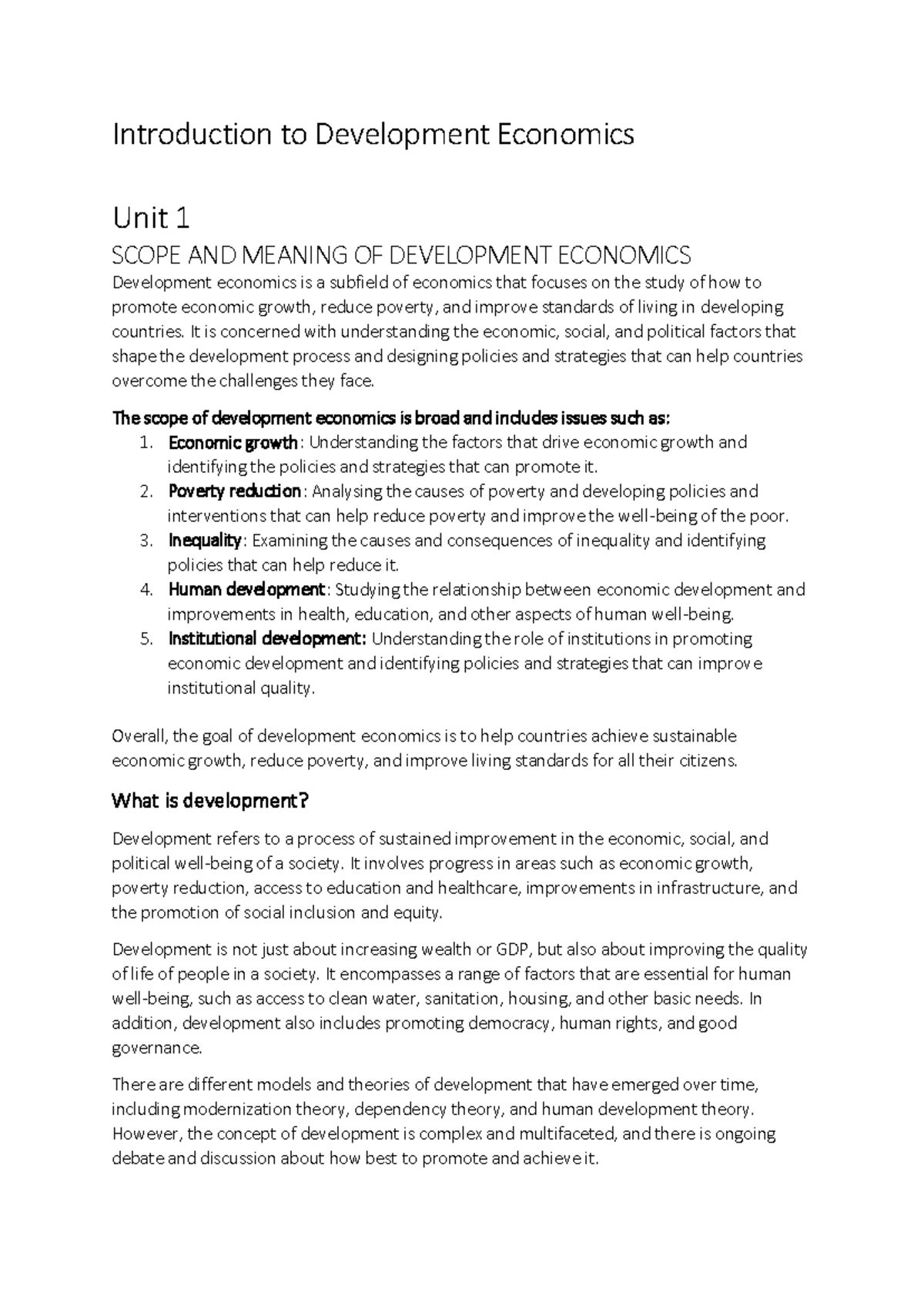 Development Economics (DEV 101): Summarized Notes by Felix - Studocu
