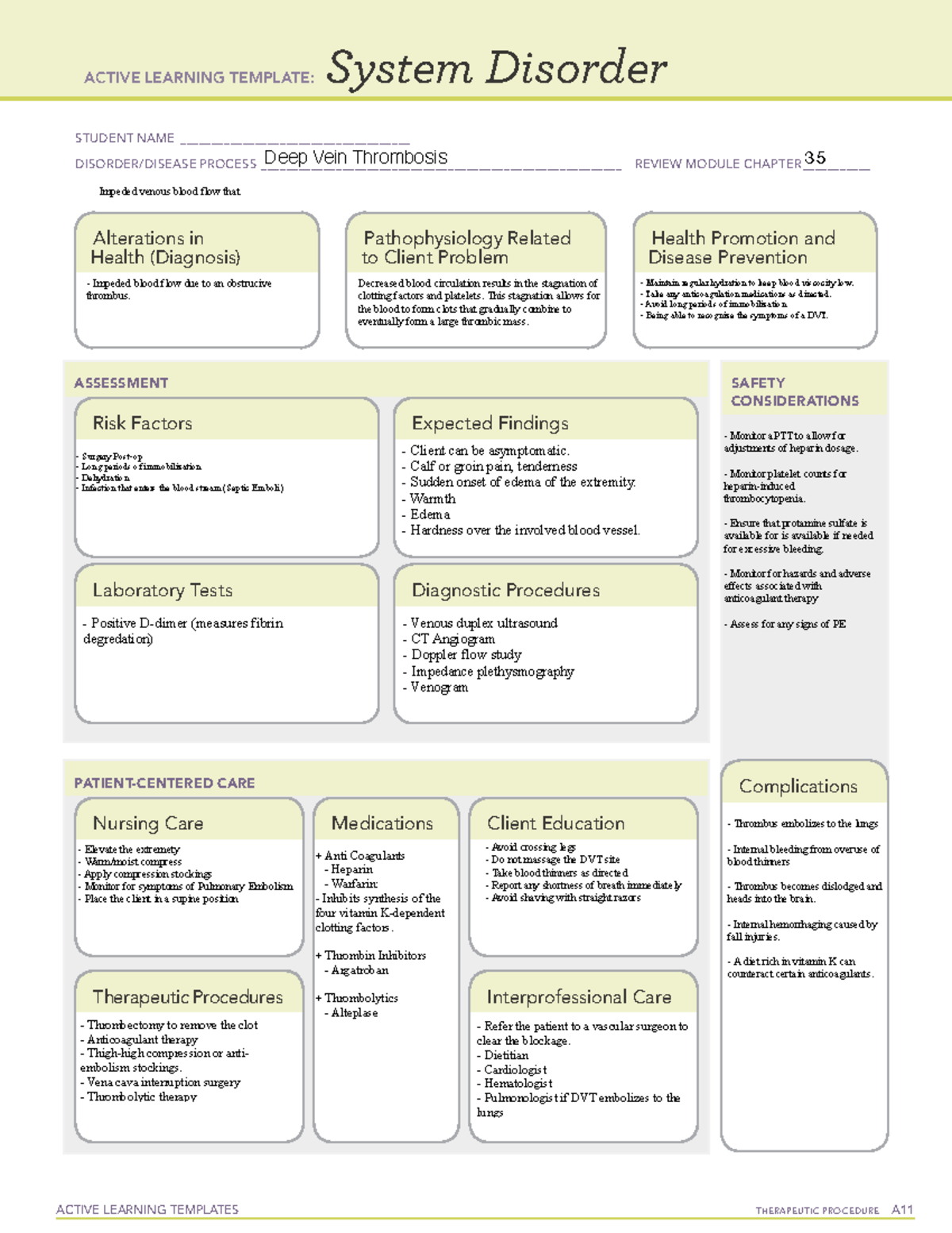 Active Learning Template: Deep Vein Thrombosis Overview - Studocu