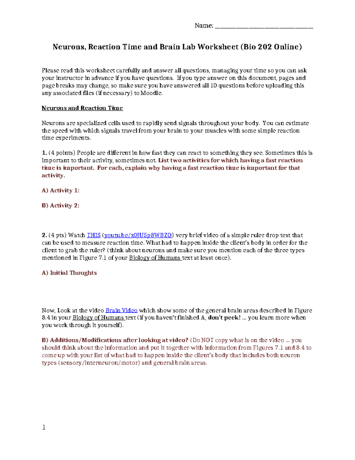 Neurons, Reaction Time & Brain Lab Worksheet (Bio 202 Online) - Studocu