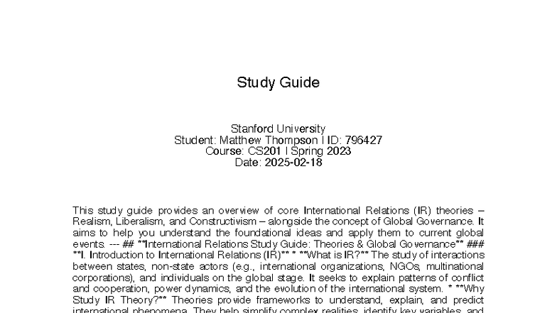 CS201 Study Guide: Core Theories of International Relations - Studocu