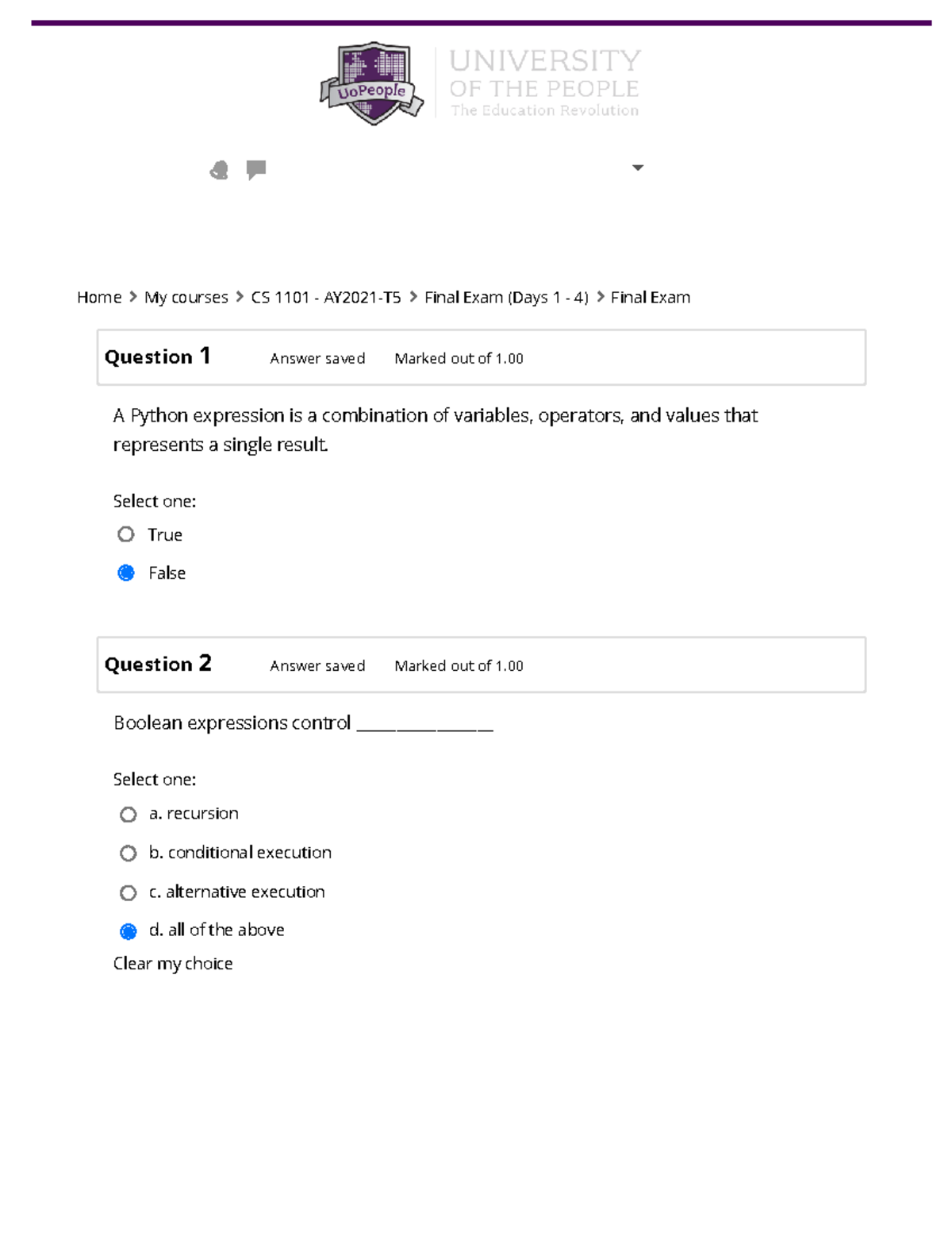 Final Exam (page 1 of 3) - Grade: A - Question 1 Answer saved Marked ...