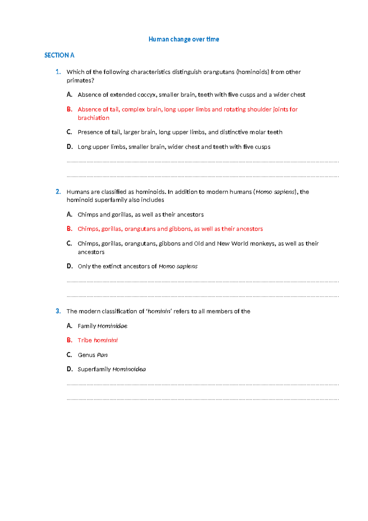 Bio 101: Human Evolution Practice Worksheet - Studocu