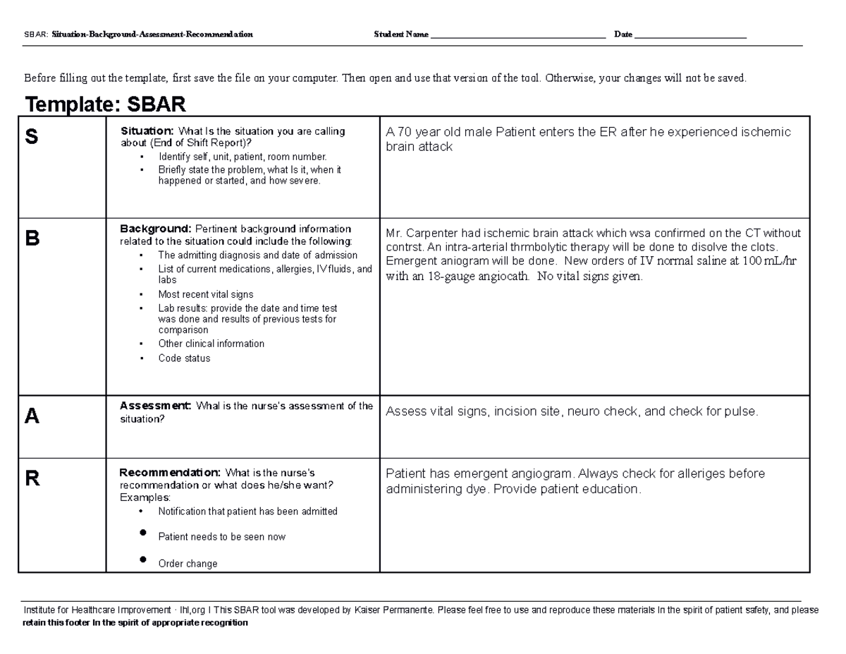 SBAR W1 - Situational Analysis & Recommendations for Patient Care - Studocu