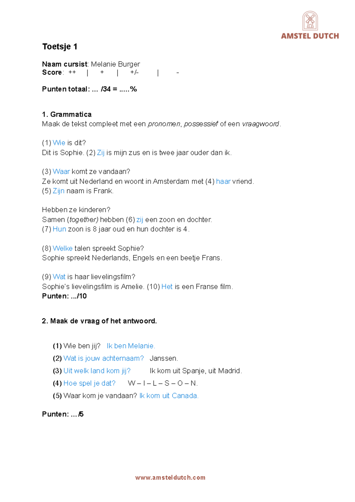 Amstel Dutch A1 - Toetsje 1: Grammatica, Werkwoorden & Schrijfopdracht ...