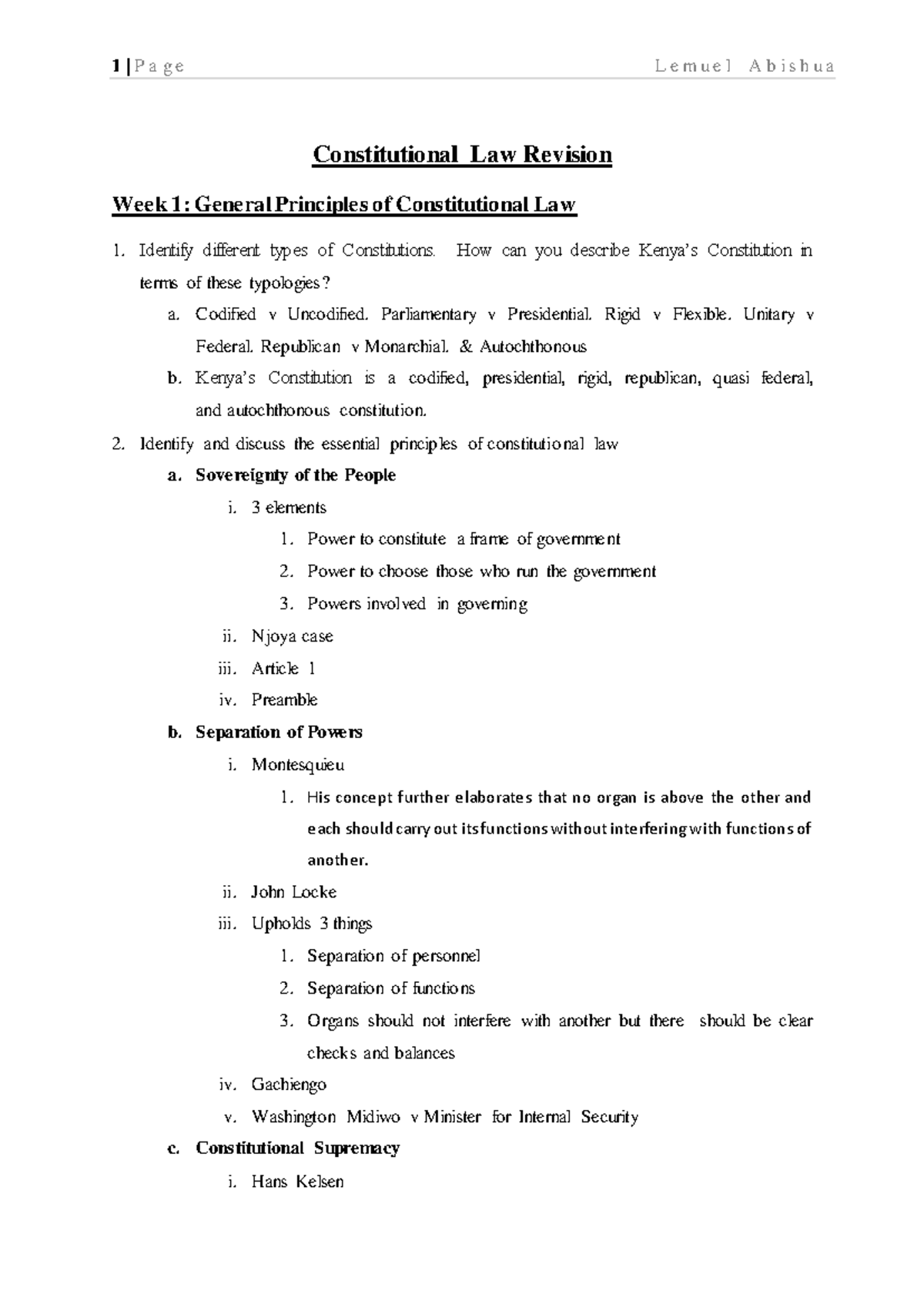Constitutional Law Notes: Key Principles and Government Structure - Studocu