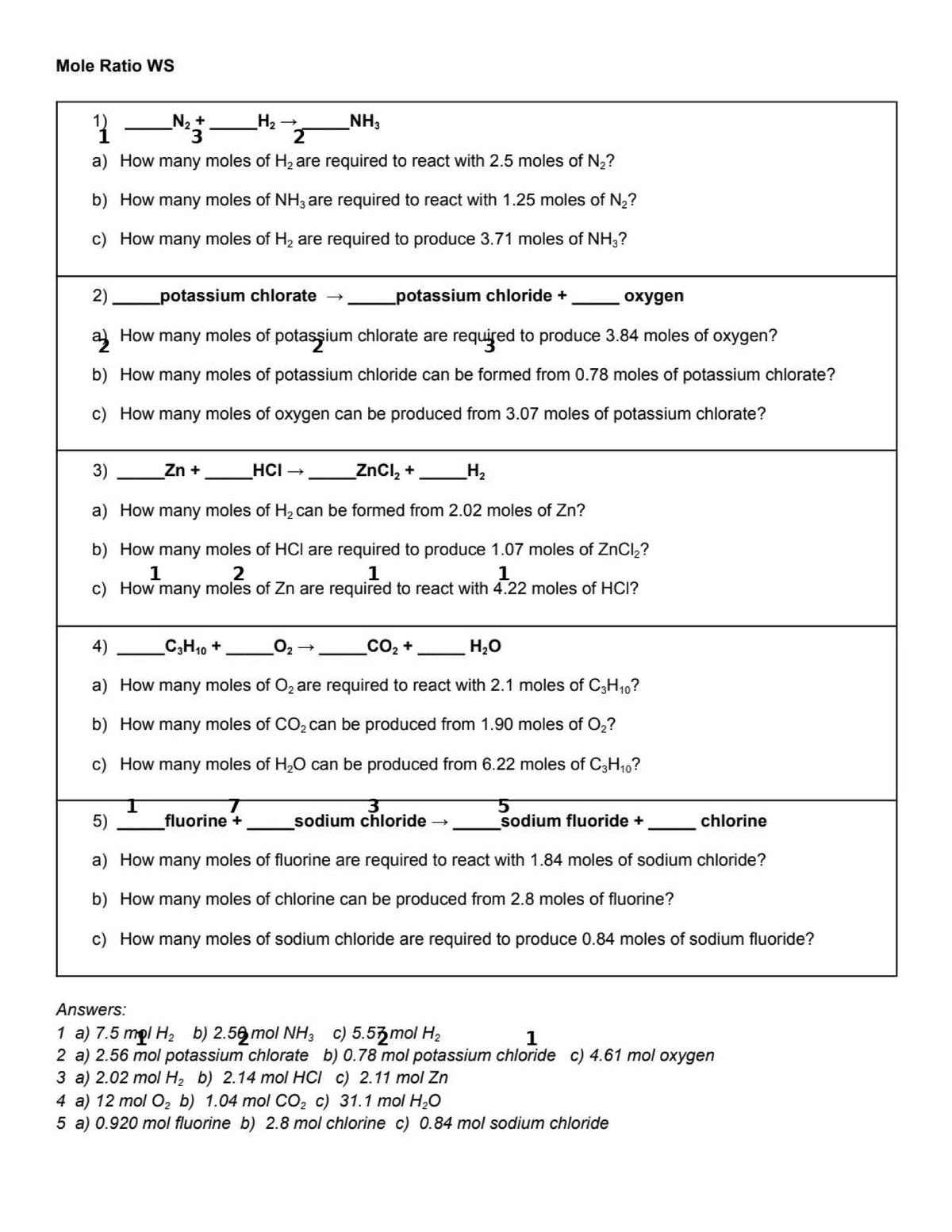 Mole Ratio WS: Stoichiometry Practice Problems and Solutions - Studocu