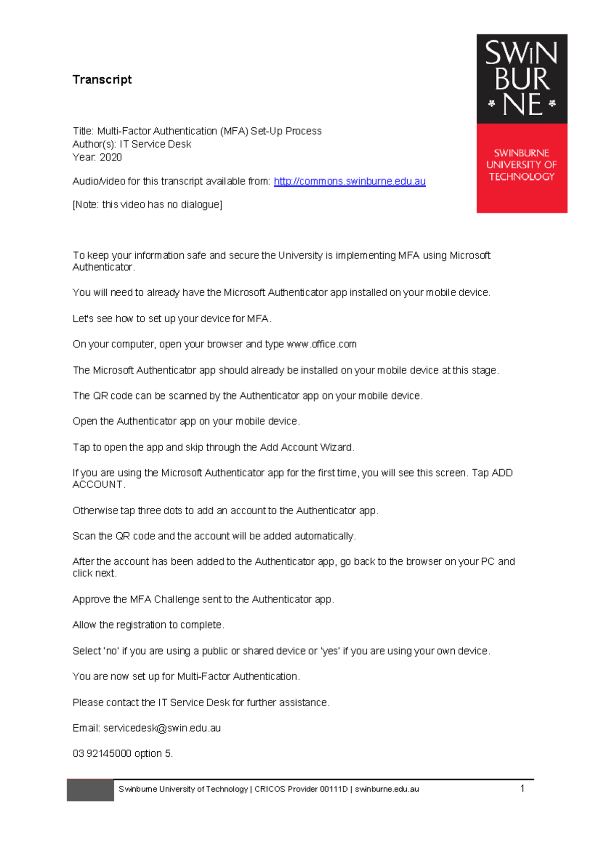 MFA Set-Up Process Transcript - Swinburne University Guide - Studocu
