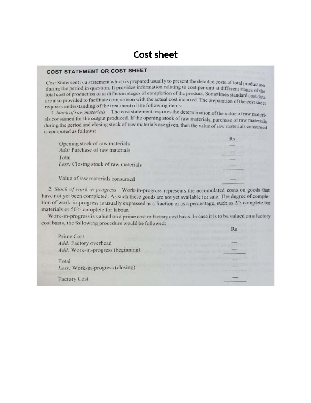 Cost Sheet Analysis and Preparation (COST 101) - Studocu