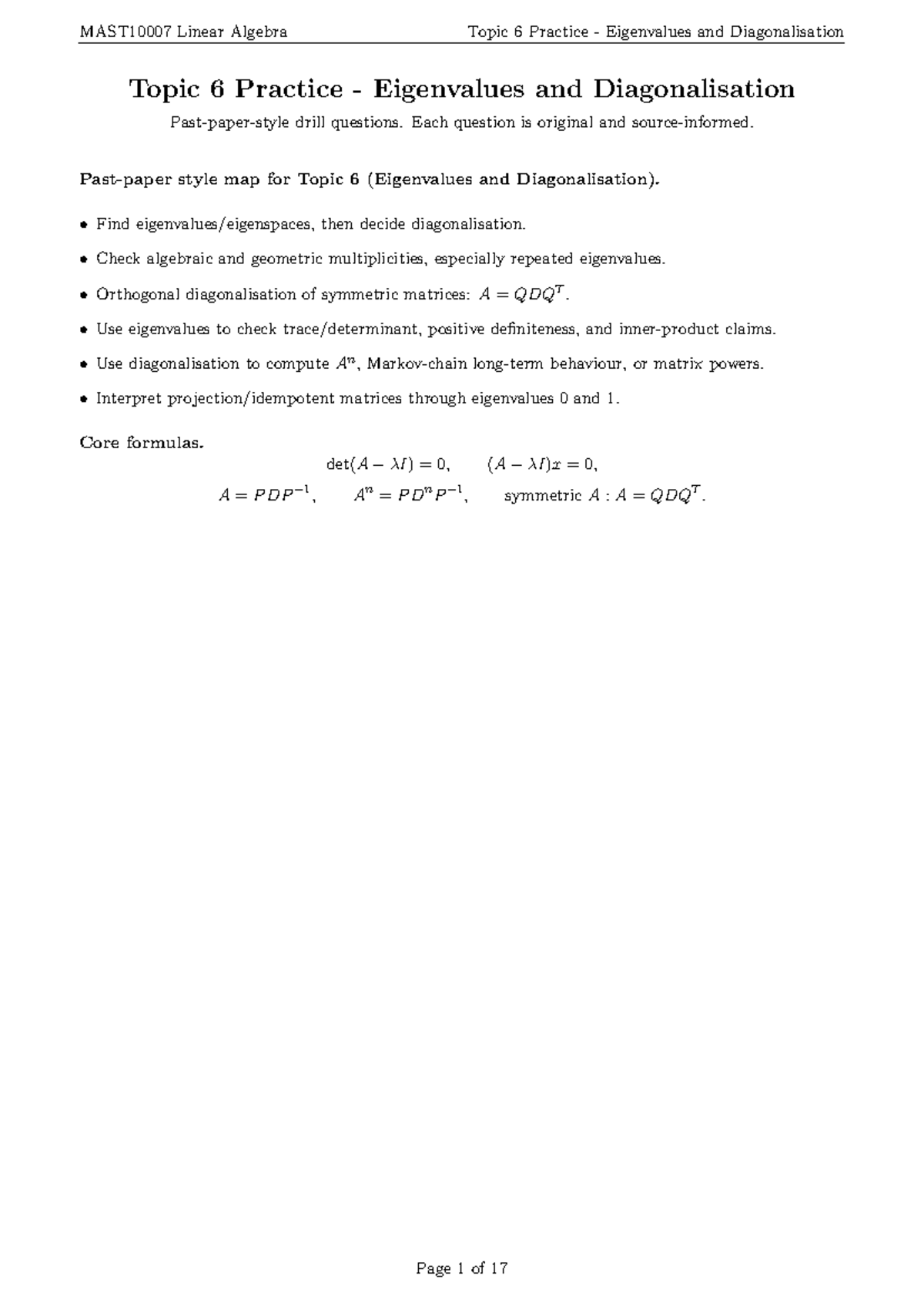 MAST10007 Topic 6 Eigenvalues and Diagonalisation Practice Questions ...