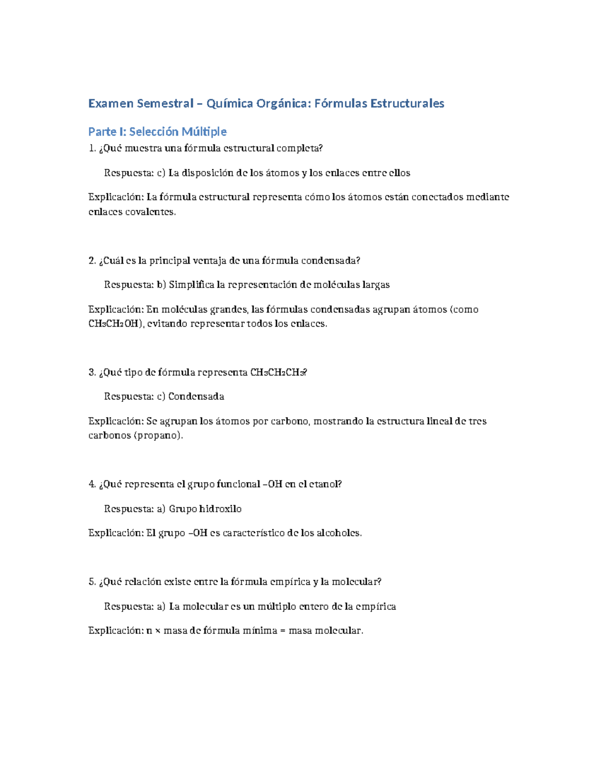 Examen Semestral Química Orgánica: Fórmulas Estructurales y Ejercicios ...