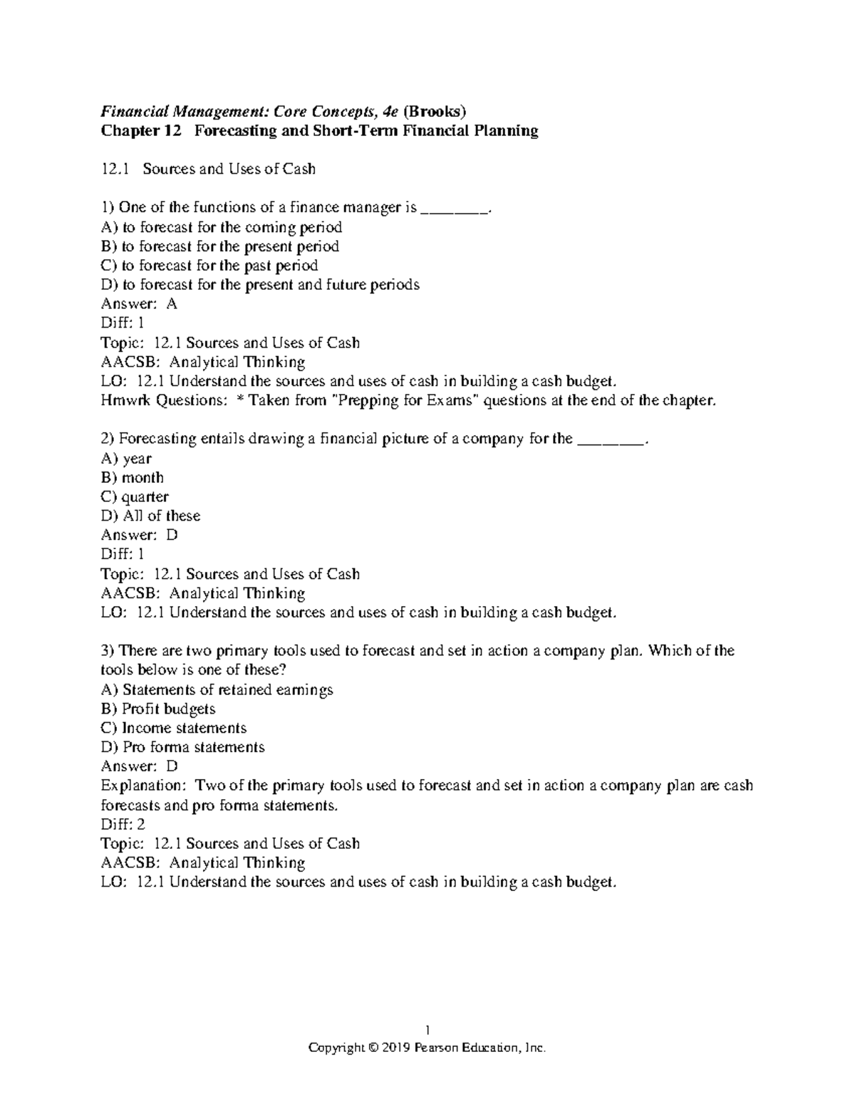 Chapter 12 - Forecasting & Short-Term Financial Planning Exam Key - Studocu