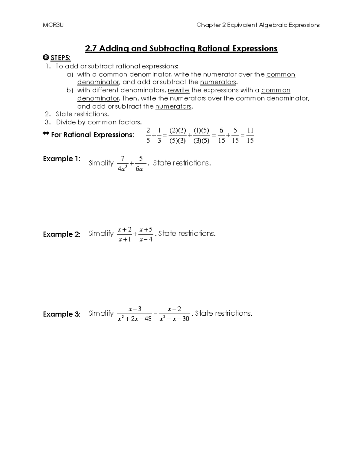 MCR3U Chapter 2.7: Adding & Subtracting Rational Expressions - Studocu