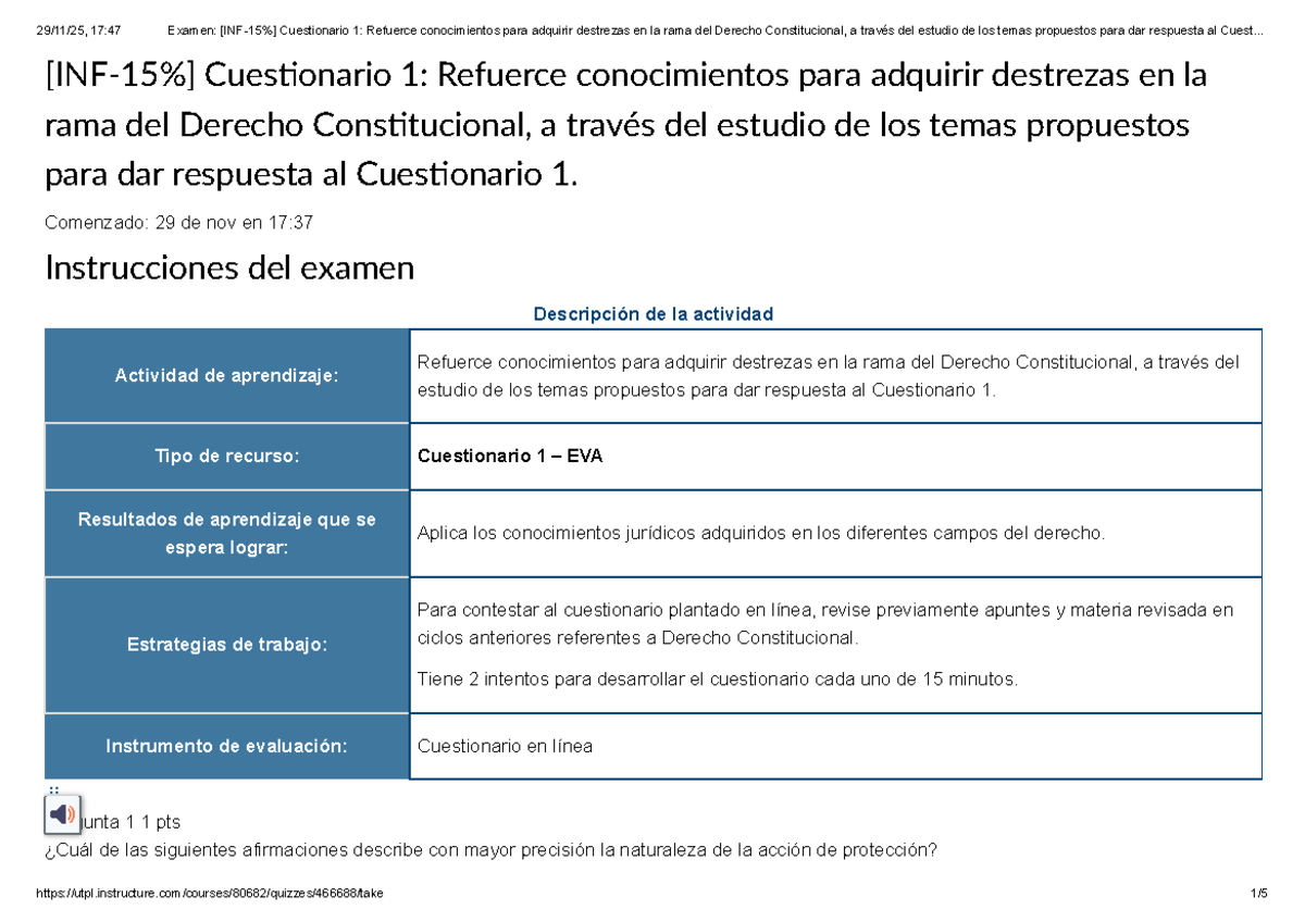 INF-15% Examen: Cuestionario 1 sobre Derecho Constitucional - Studocu