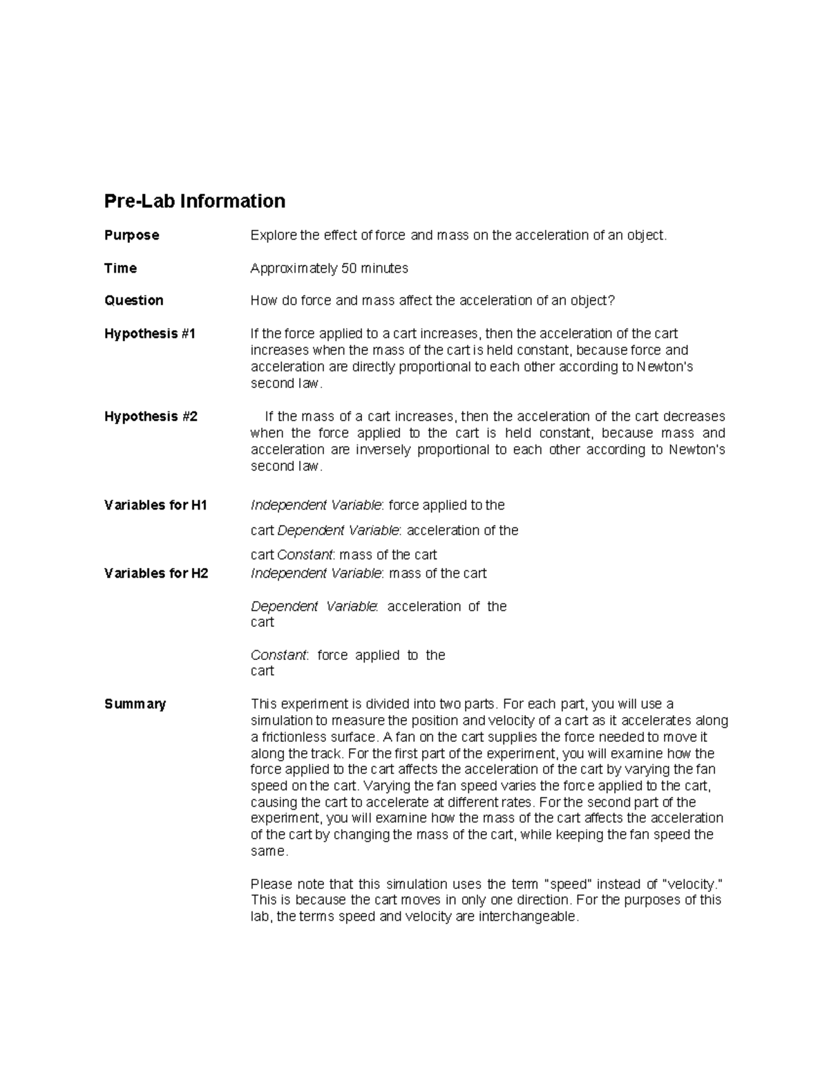 Lab - Edgenuity Virtual Lab: Newton's Second Law and Acceleration - Studocu