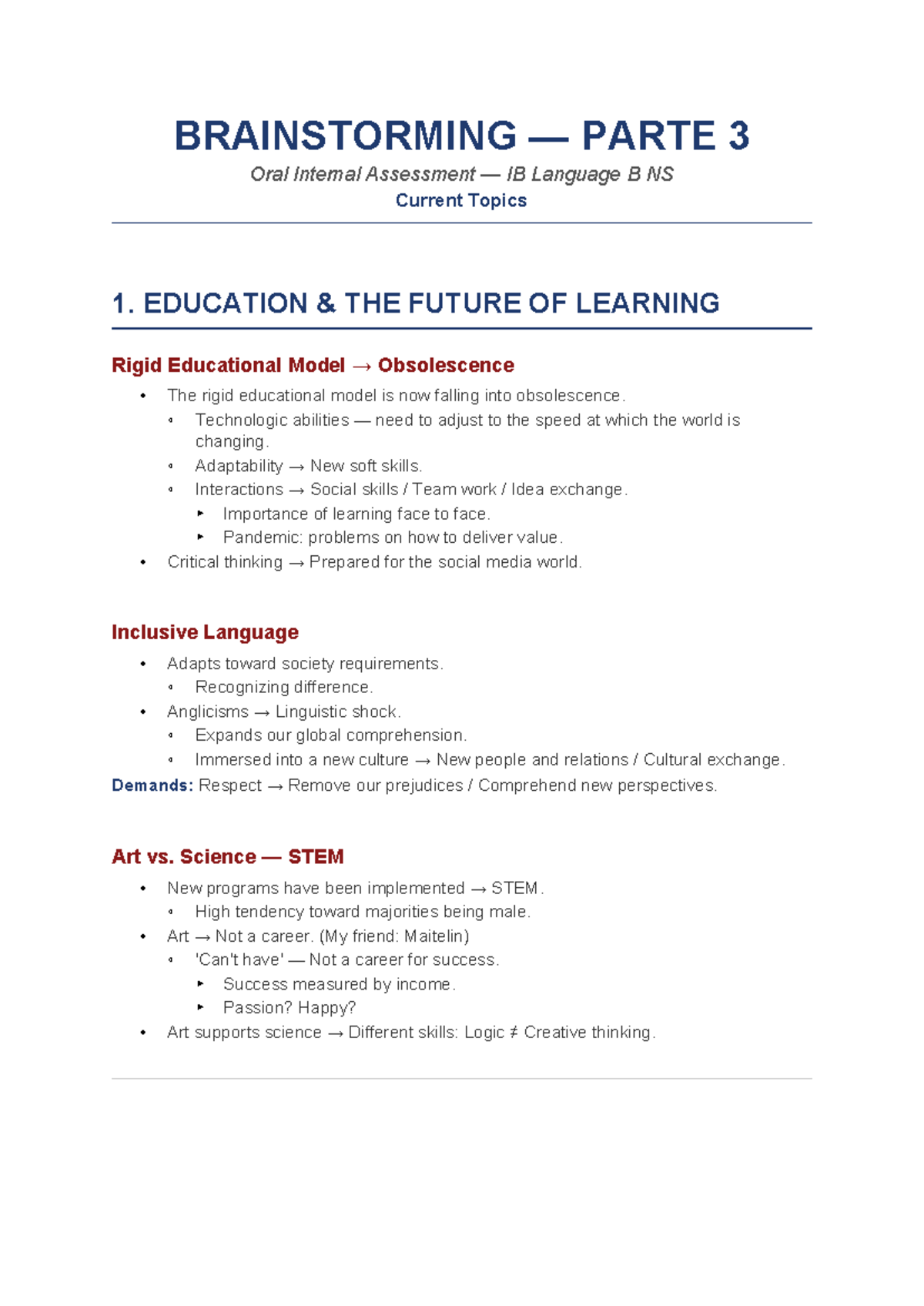 Brainstorming Parte 3: Oral IA for IB Language B NS on Current Topics ...
