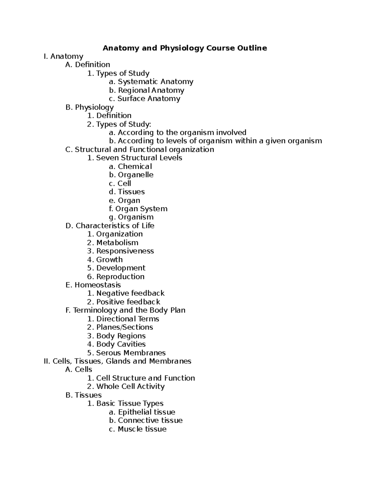 Anatomy and Physiology Course Outline (AP 101) - Studocu