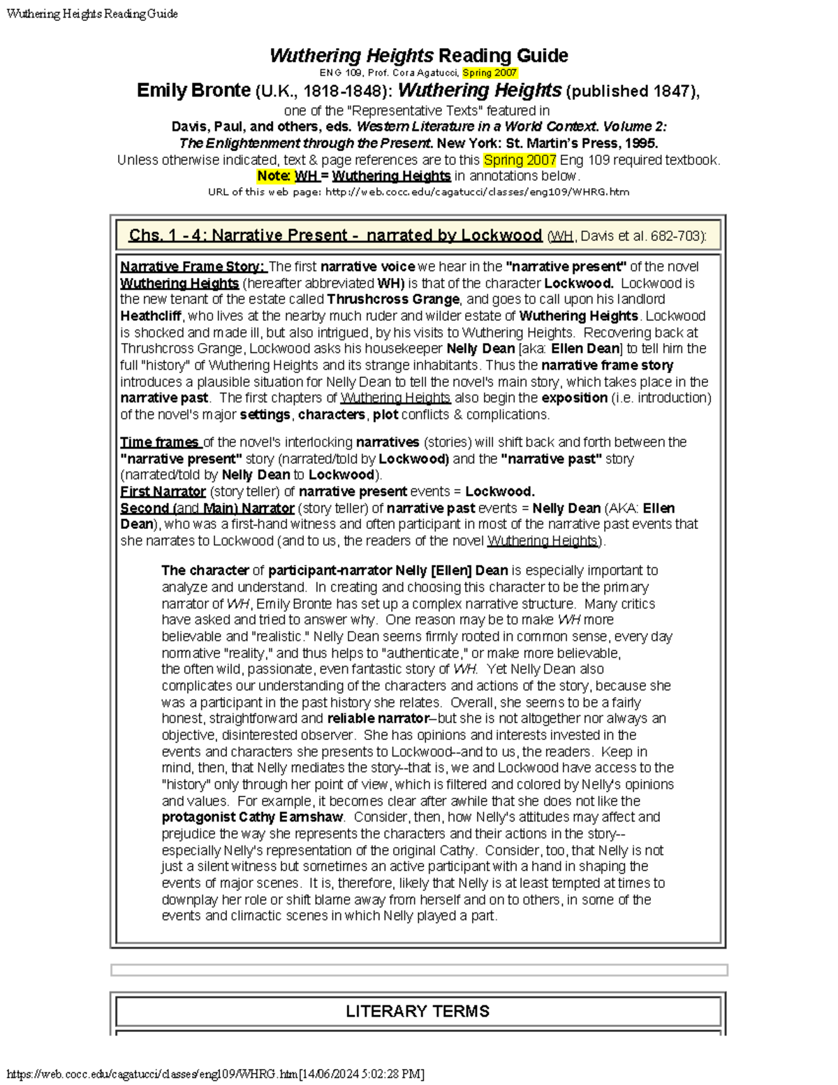 Wuthering Heights Reading Guide ENG 109 - Prof. Agatucci, Spring 2007 ...
