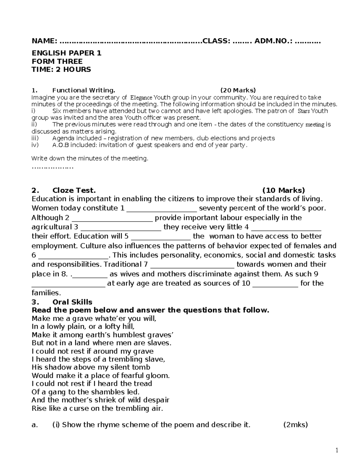 Form 3 English Paper 1 Revision: Functional Writing & Oral Skills - Studocu
