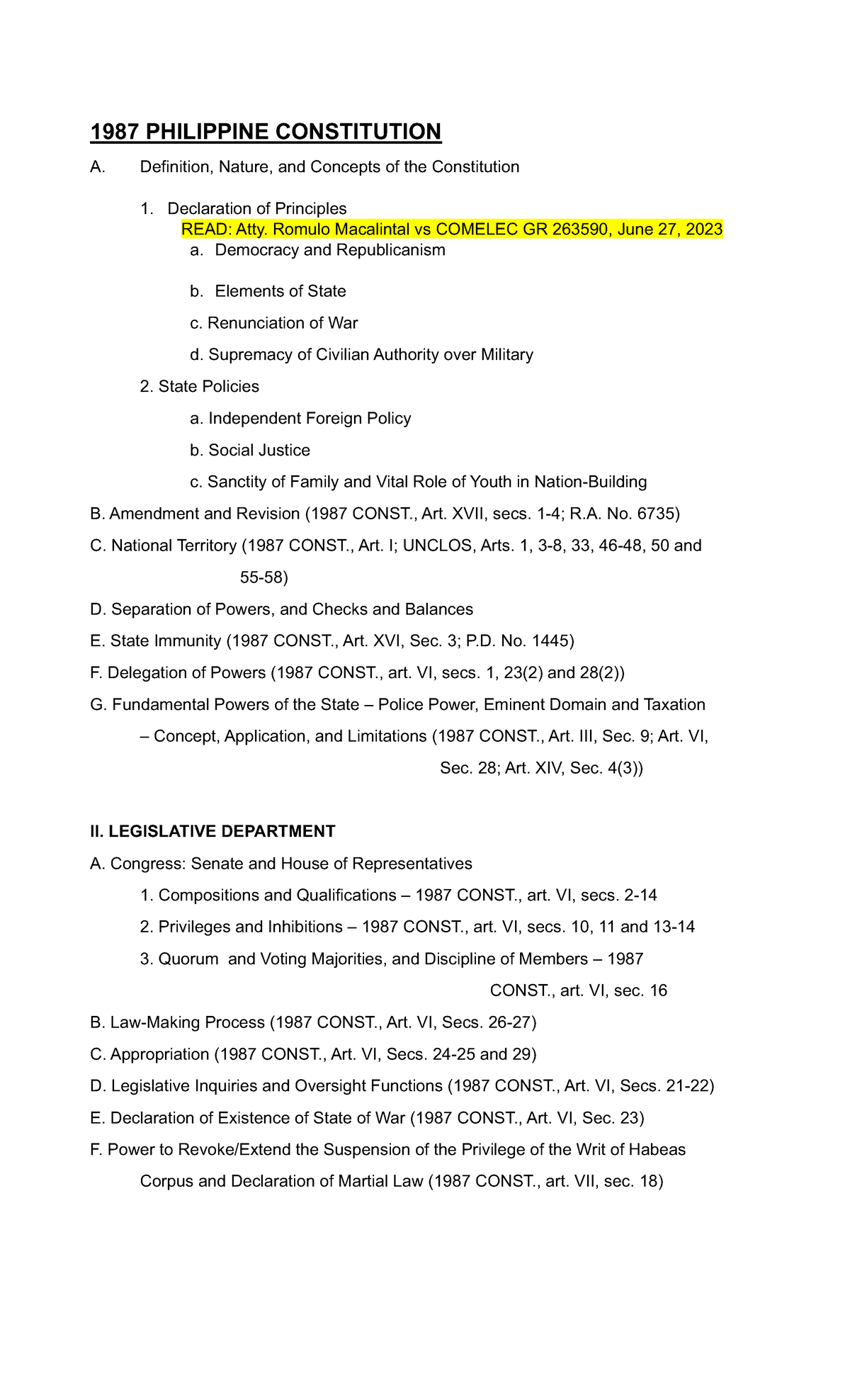Consti LAW REV Outline - 1987 PHILIPPINE CONSTITUTION A. Definition ...