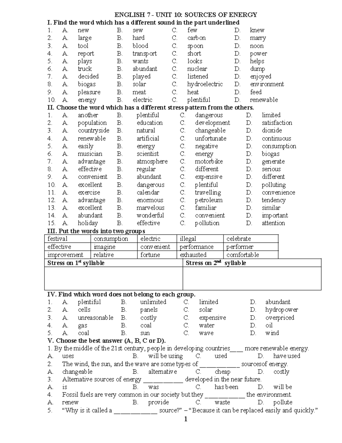 ENGLISH 7 UNIT 10: ENERGY SOURCES EXERCISES AND ACTIVITIES - Studocu