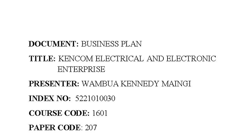 Business Plan: Kencom Electrical & Electronics Enterprise (1601) - Studocu