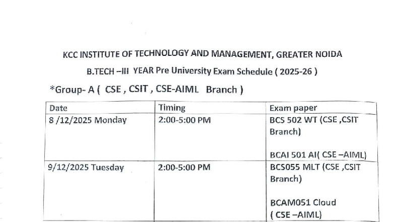 B.TECH Pre University Exam Schedule (CSE, CSIT Branch) - Studocu