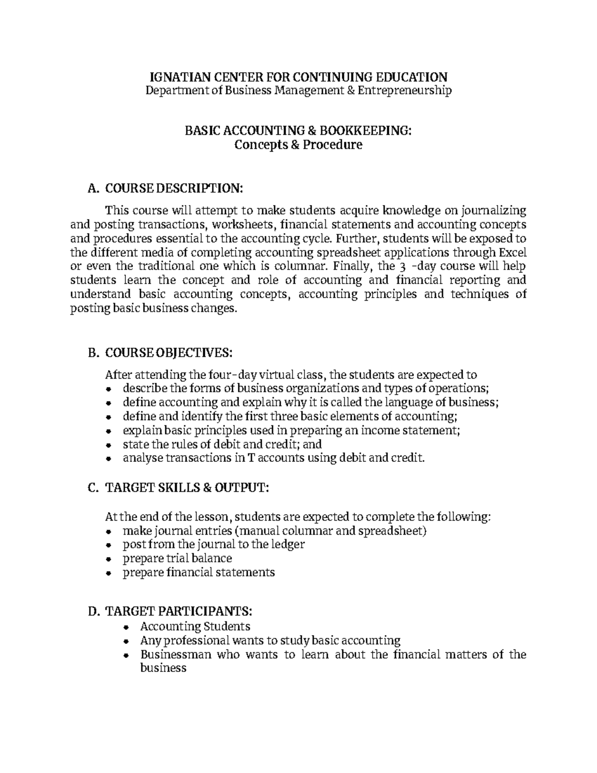 BME 101: Basic Accounting & Bookkeeping Syllabus Overview - Studocu