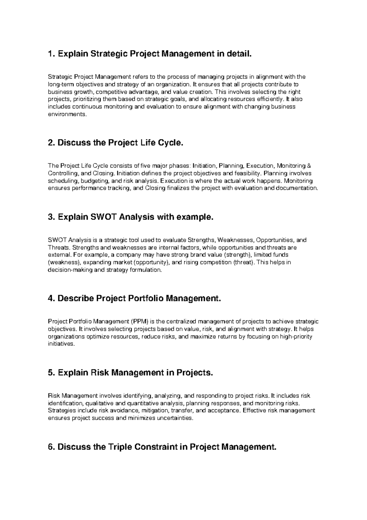 Strategic Project Management (SPM) Long Answers: Key Concepts ...